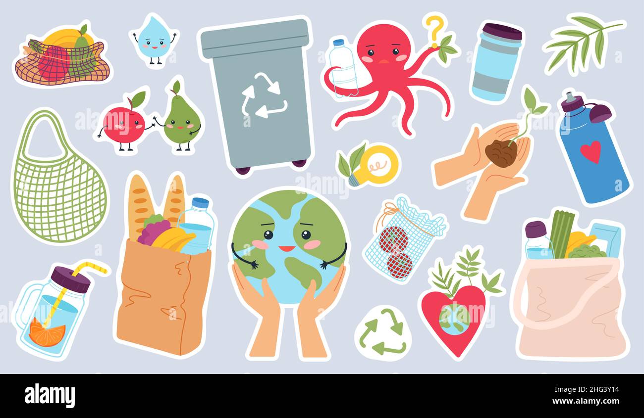 Zero waste stickers. Kitchen bamboo tools, sorting garbage and reusable ...