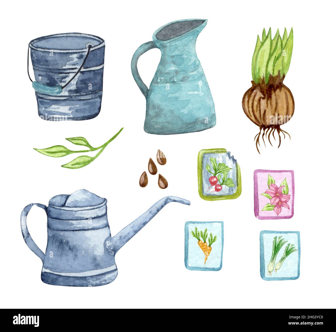 Watercolor set of garden objects, watering can, flowerpot, plant, seeds ...