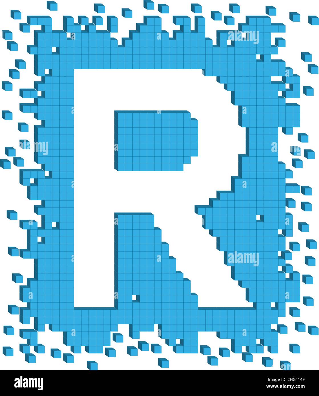 Vector drawn letter R surrounded by numerous small blue color cubes ...