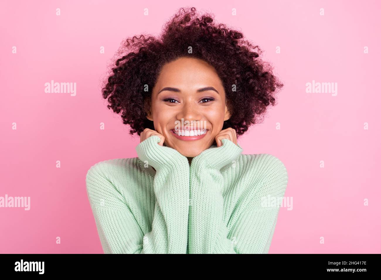 Portrait of pretty positive dark skin lady arms face beaming smile look ...