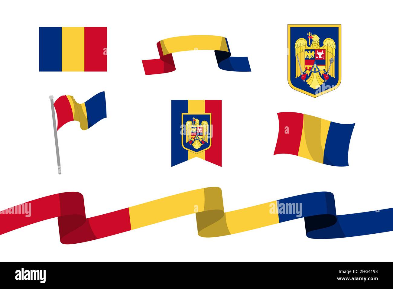 Hand drawn romanian flag and national emblems set Vector illustration ...