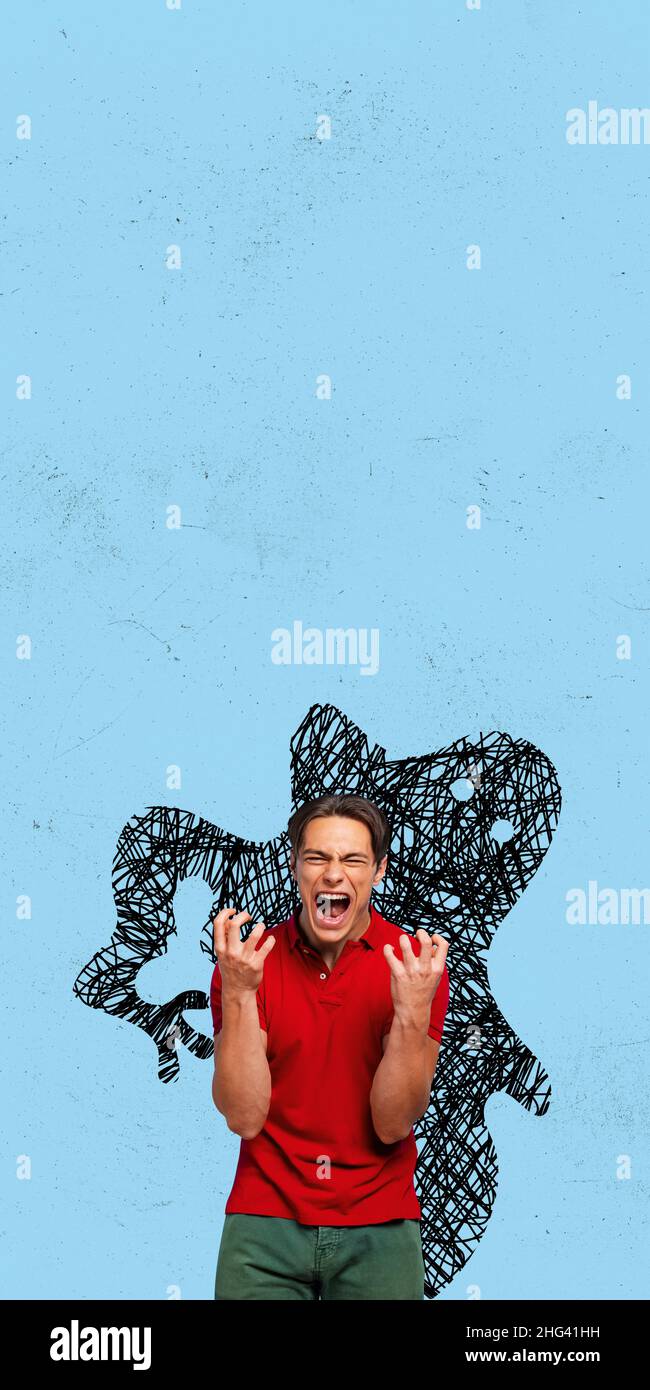 Angry young man struggling with his internal problems. Surrealism ...