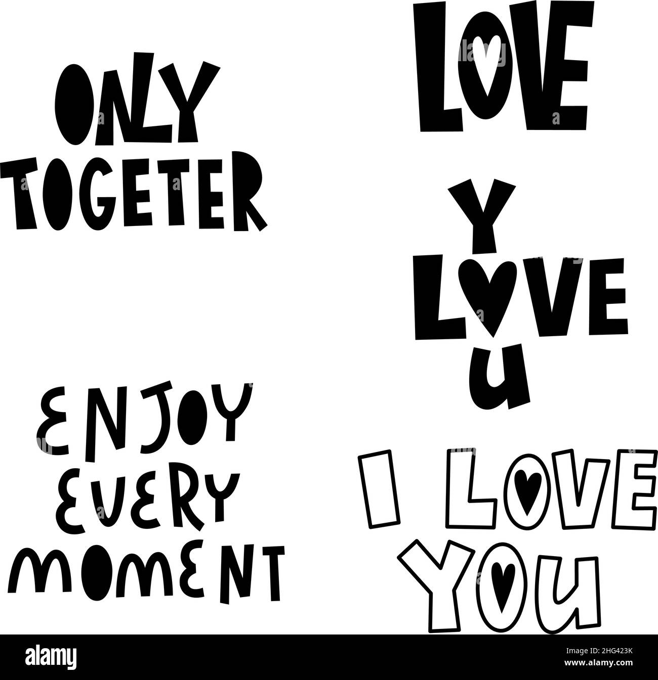 Vector set of lettering about love. Valentines Day. Black and white ...