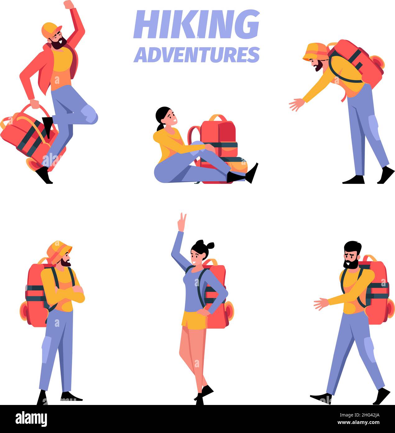 Characters with backpack. Hiking adventures characters climbing persons ...