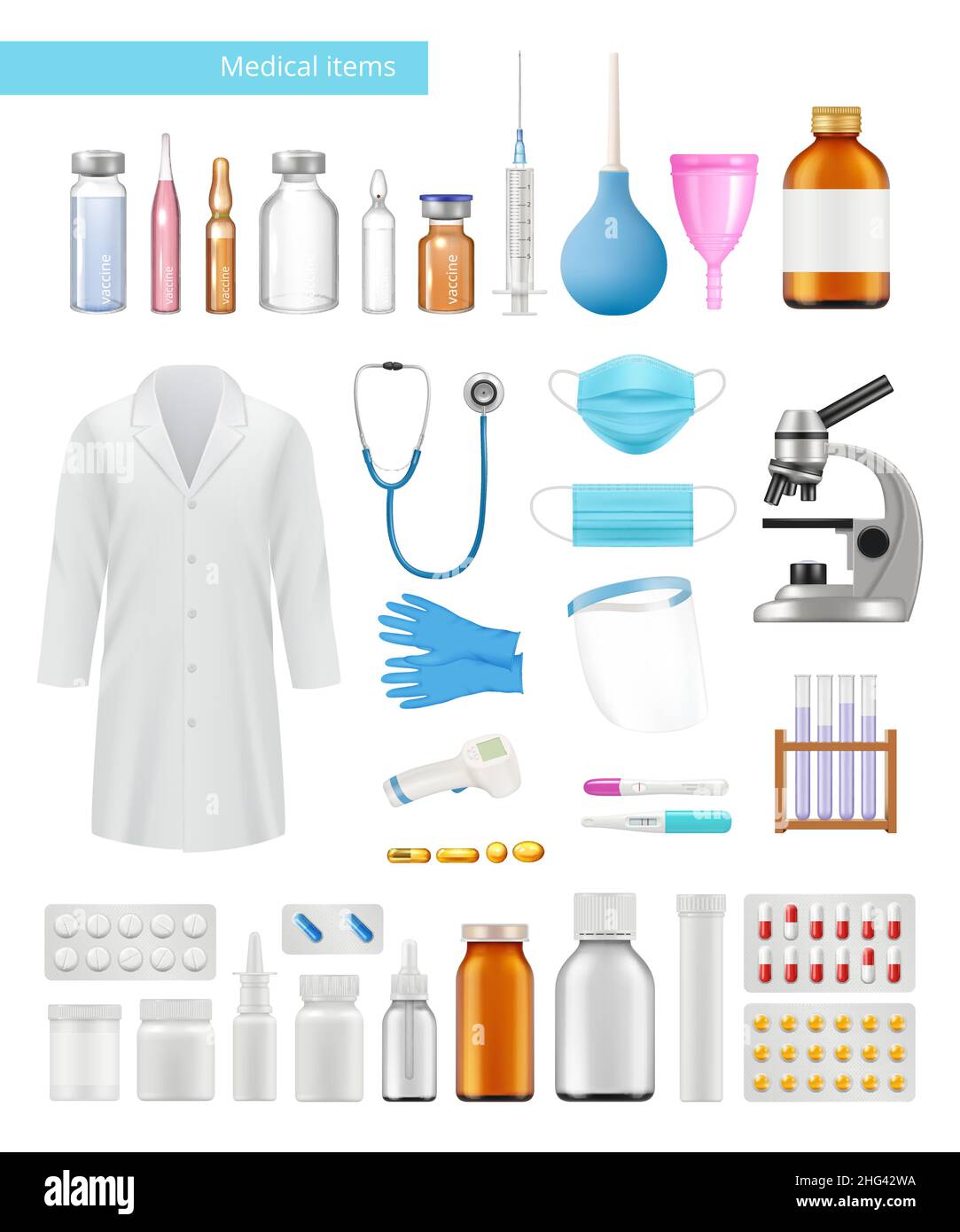 Medical items. Accessory for doctors clothes ampoules syringes dressing ...