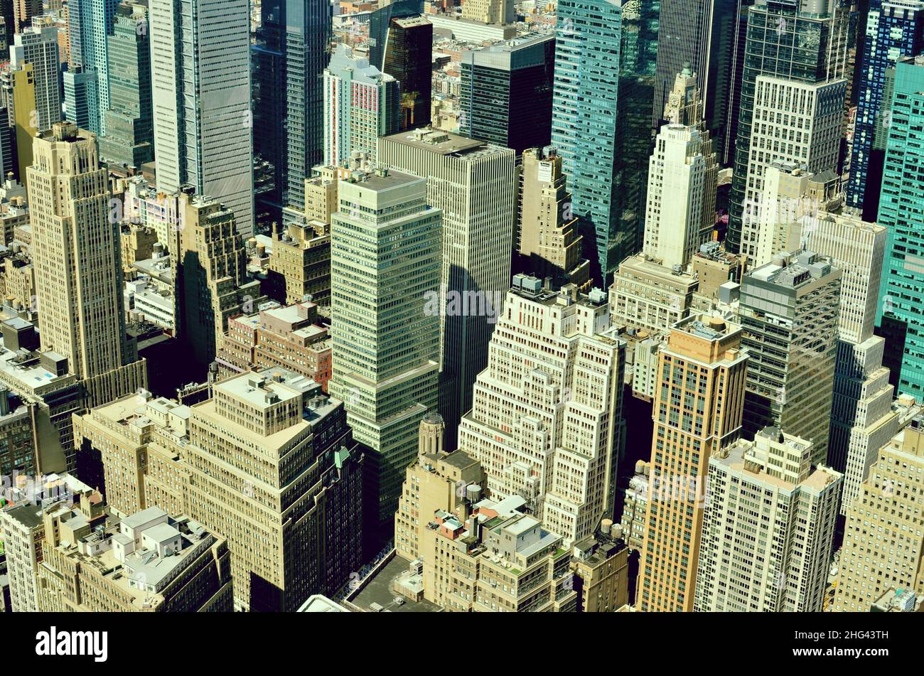 Birds eye view of Manhattan in New York City, pattern of skyscrapers ...