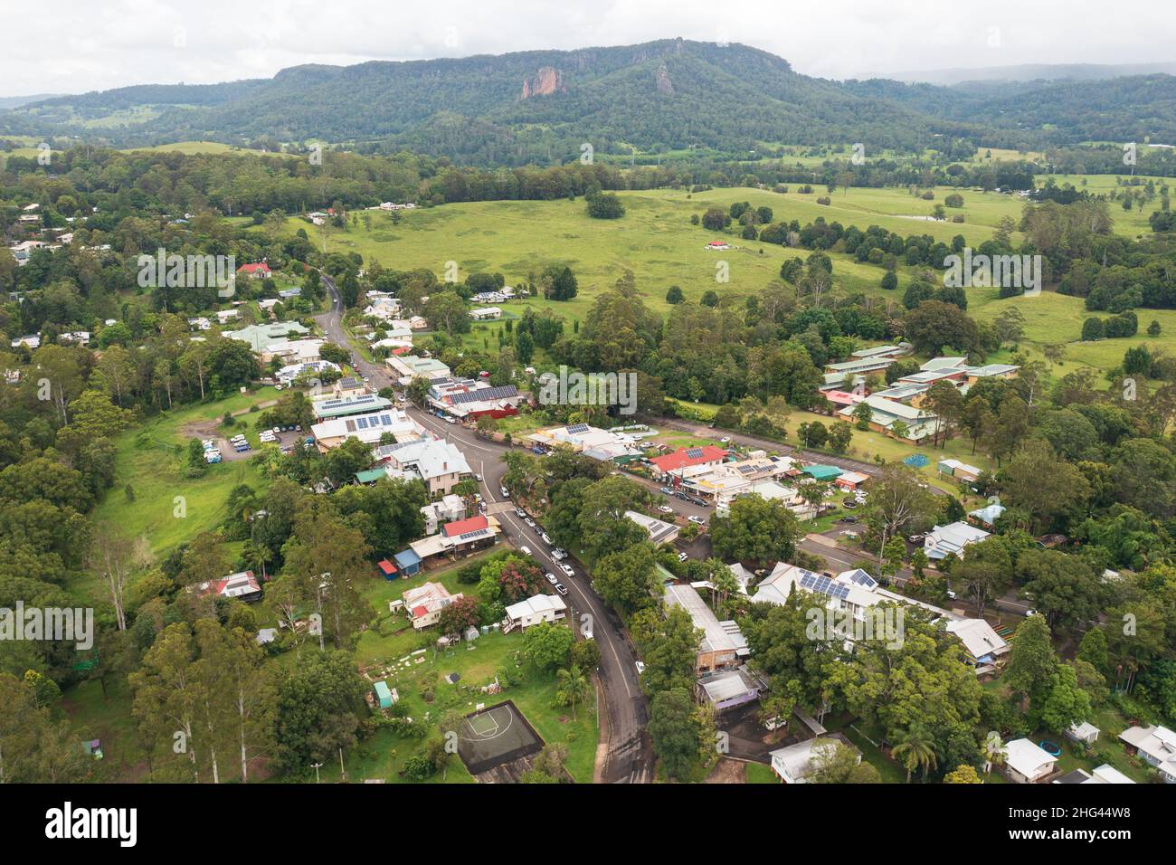 Aerial view of Nimbin, a small town in the Northern Rivers made famous ...