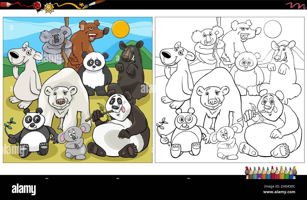 Cartoon illustration of bears group animal characters coloring book ...