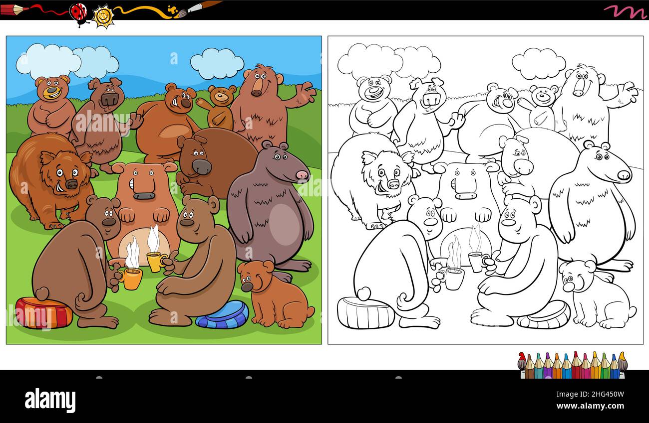 Cartoon illustration of funny bears group animal characters coloring ...