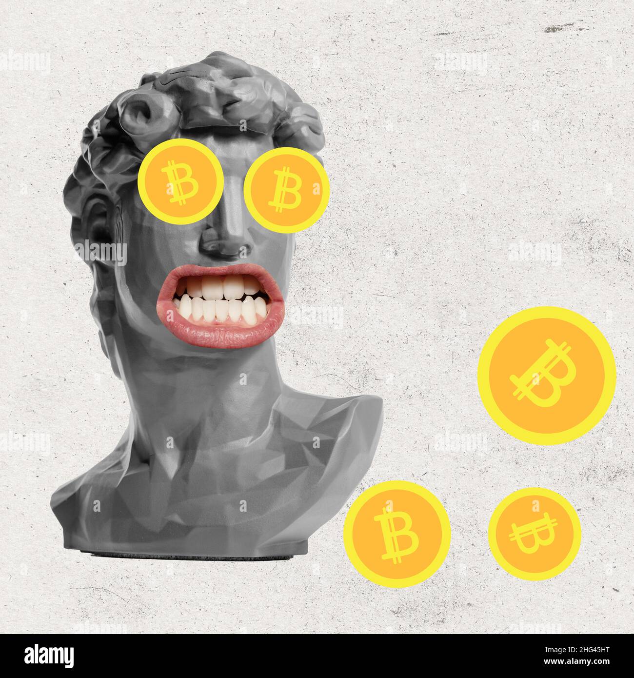 Contemporary art collage. Bust of ancient statue with bitcoin signs ...