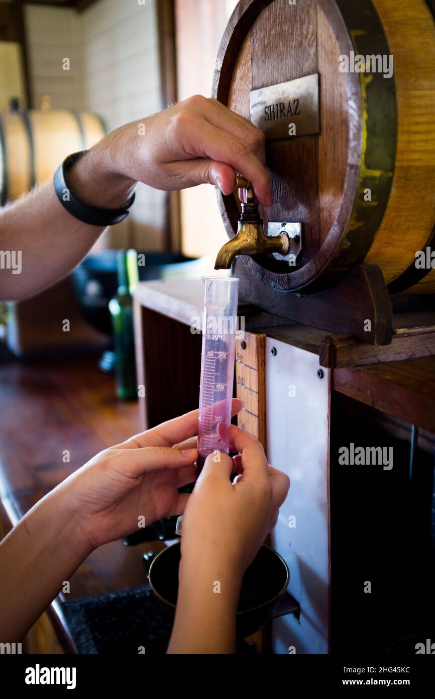Two people taking a red wine sample for testing Stock Photo - Alamy
