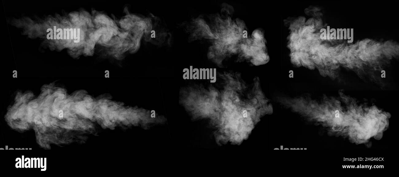 A set of six different types of swirling, wriggling smoke, vapor ...