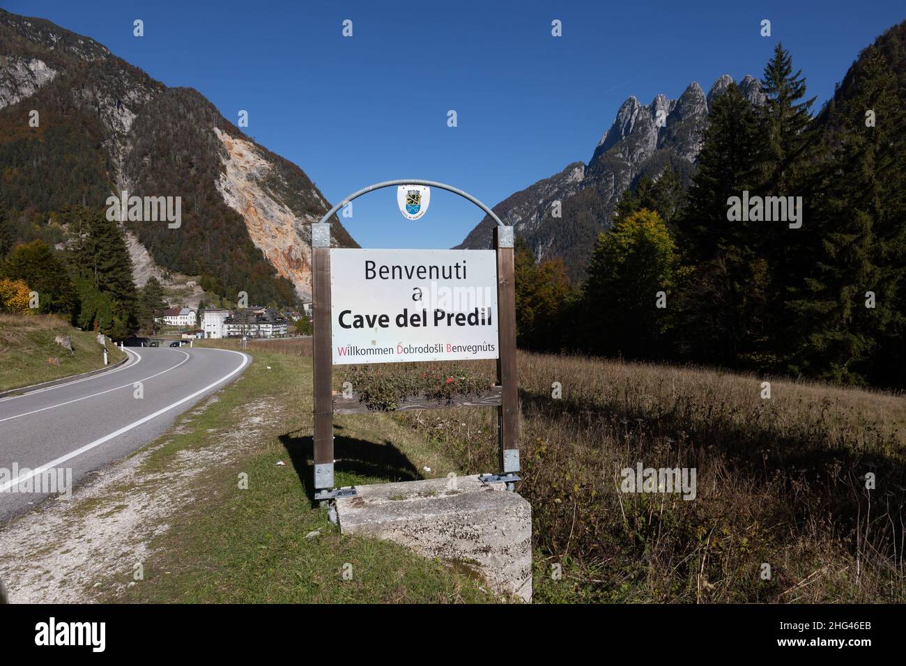 View of the former mining village of Cave del Predil in the Julian Alps ...