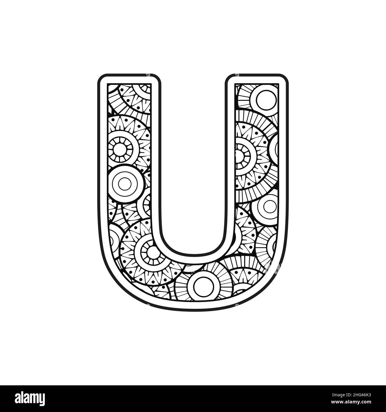 Coloring page for adult. Contour Capital English Letter U on a mandala ...