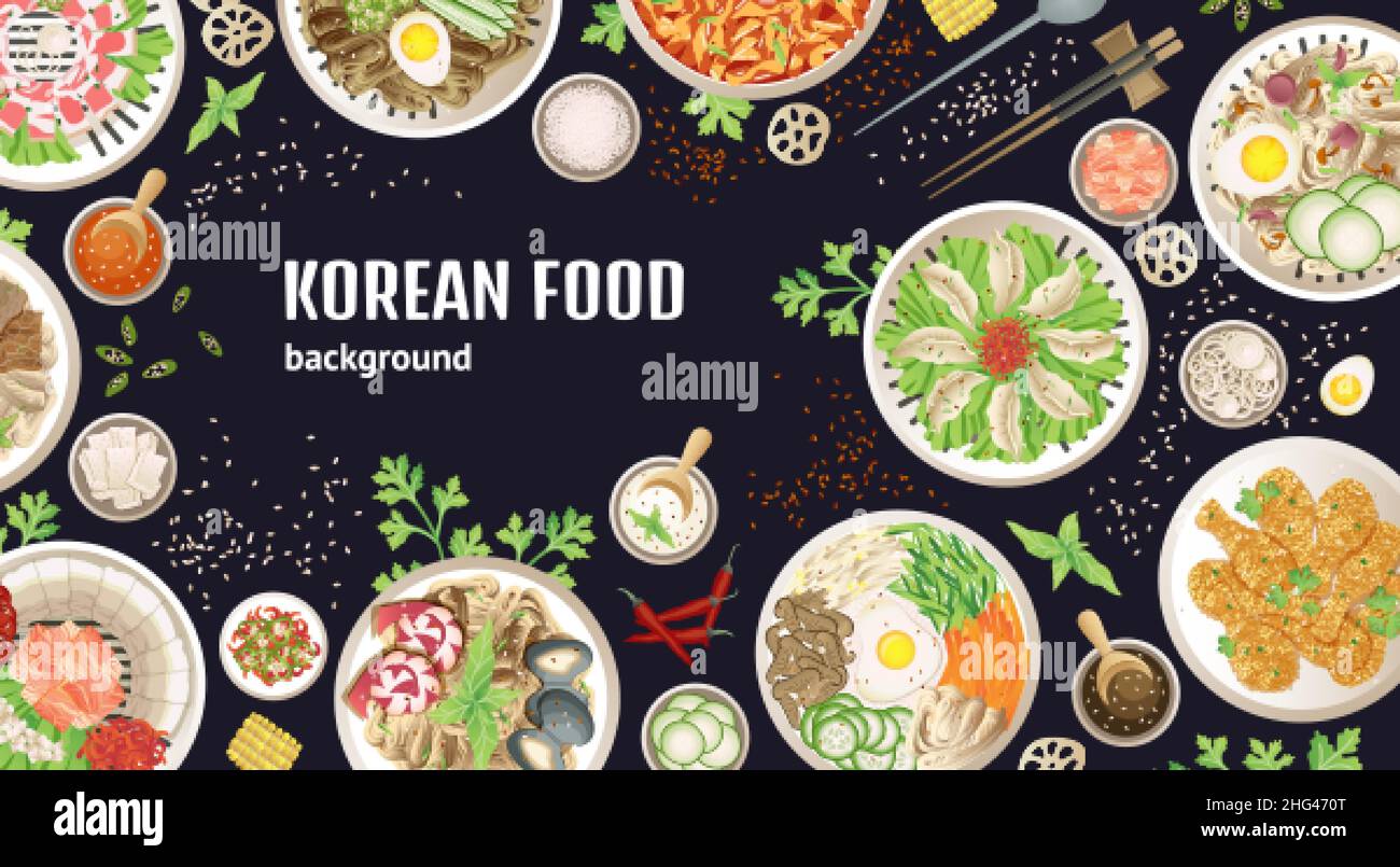 Top view korean meal. Barbecue tofu food, lunch table. Vegetarian meals ...