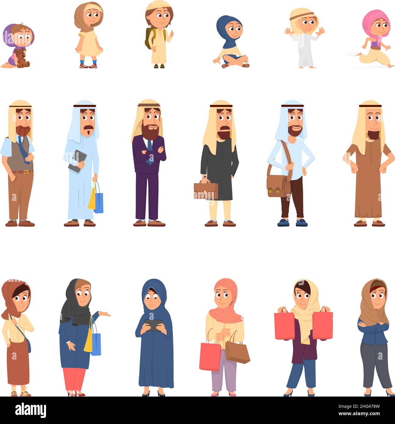 Arab family. Saudi people, different ages characters. Teenagers, adult ...