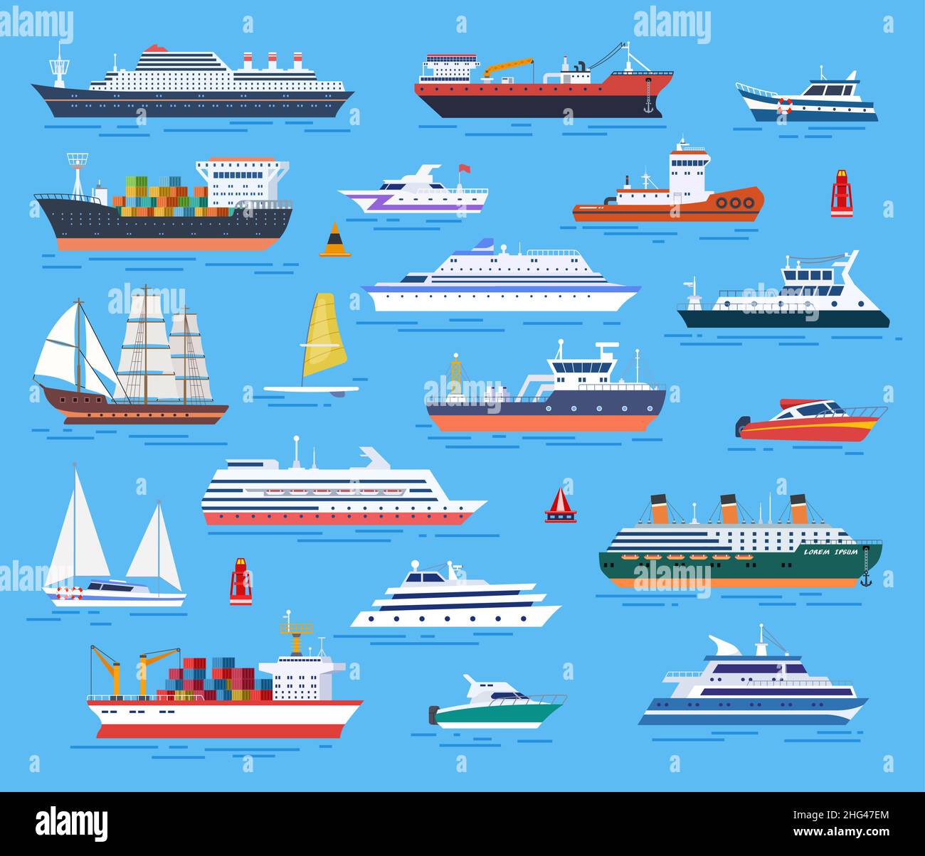 Flat ships. Flat ship, boat and yachts. Sea cruise, shipping and water ...