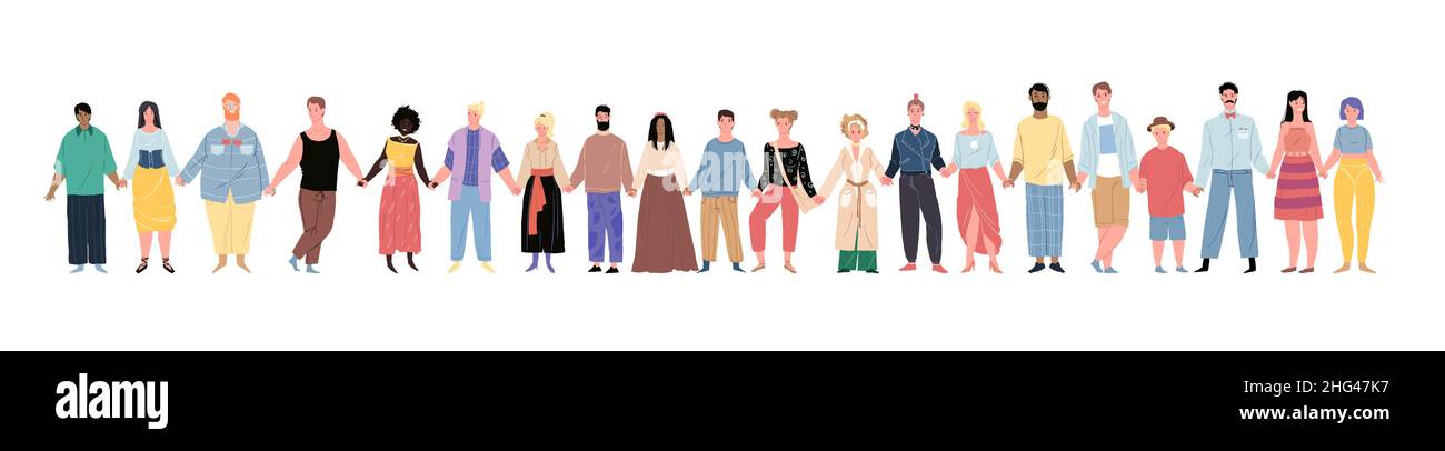 Flat cartoon happy characters holding hands-equality,diversity ...