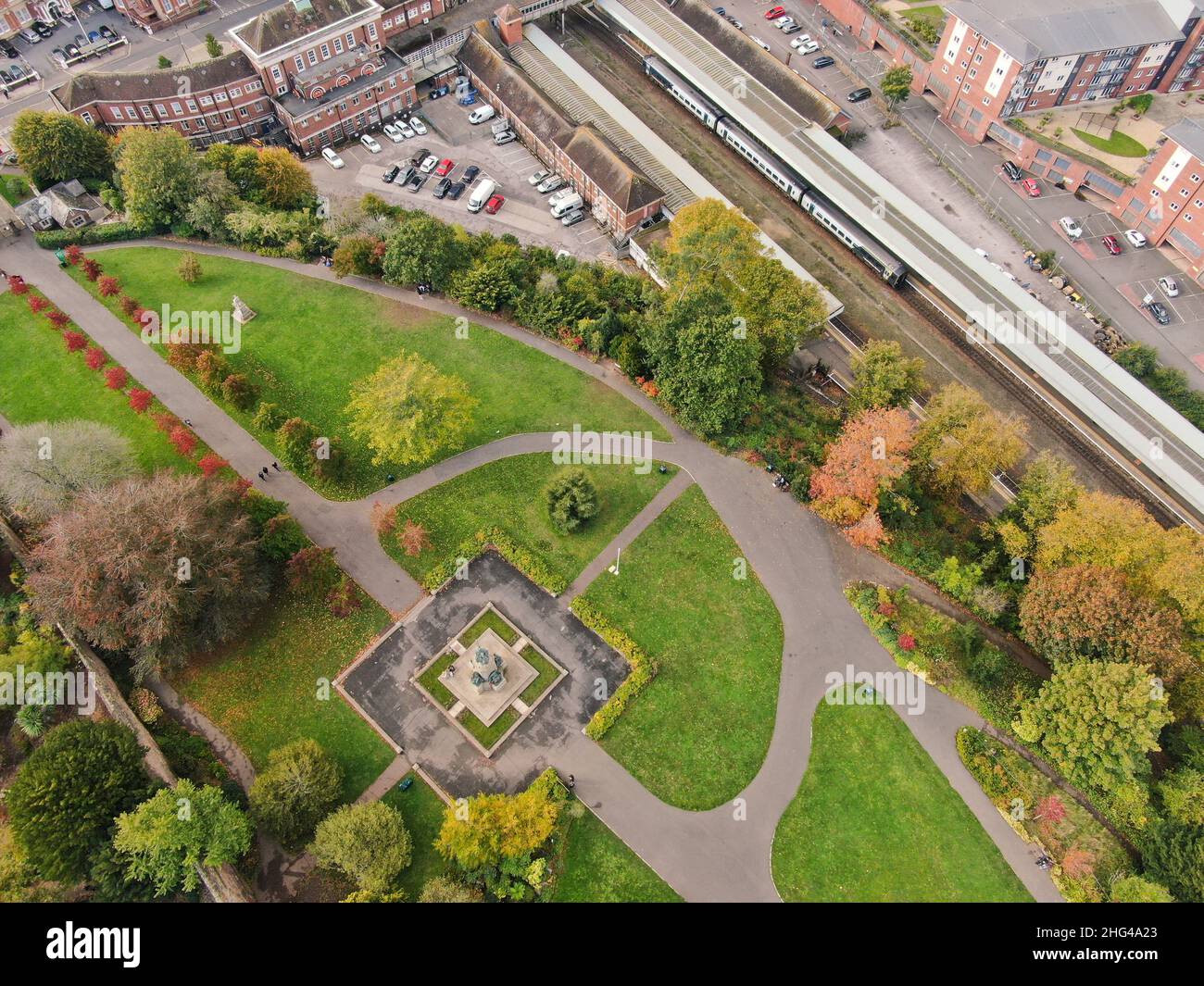 an aerial view of the centre of Exeter City showing Exeter Central ...