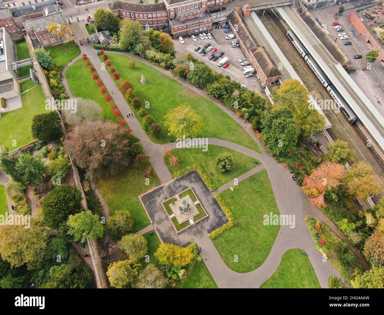 an aerial view of the centre of Exeter City showing Exeter Central ...