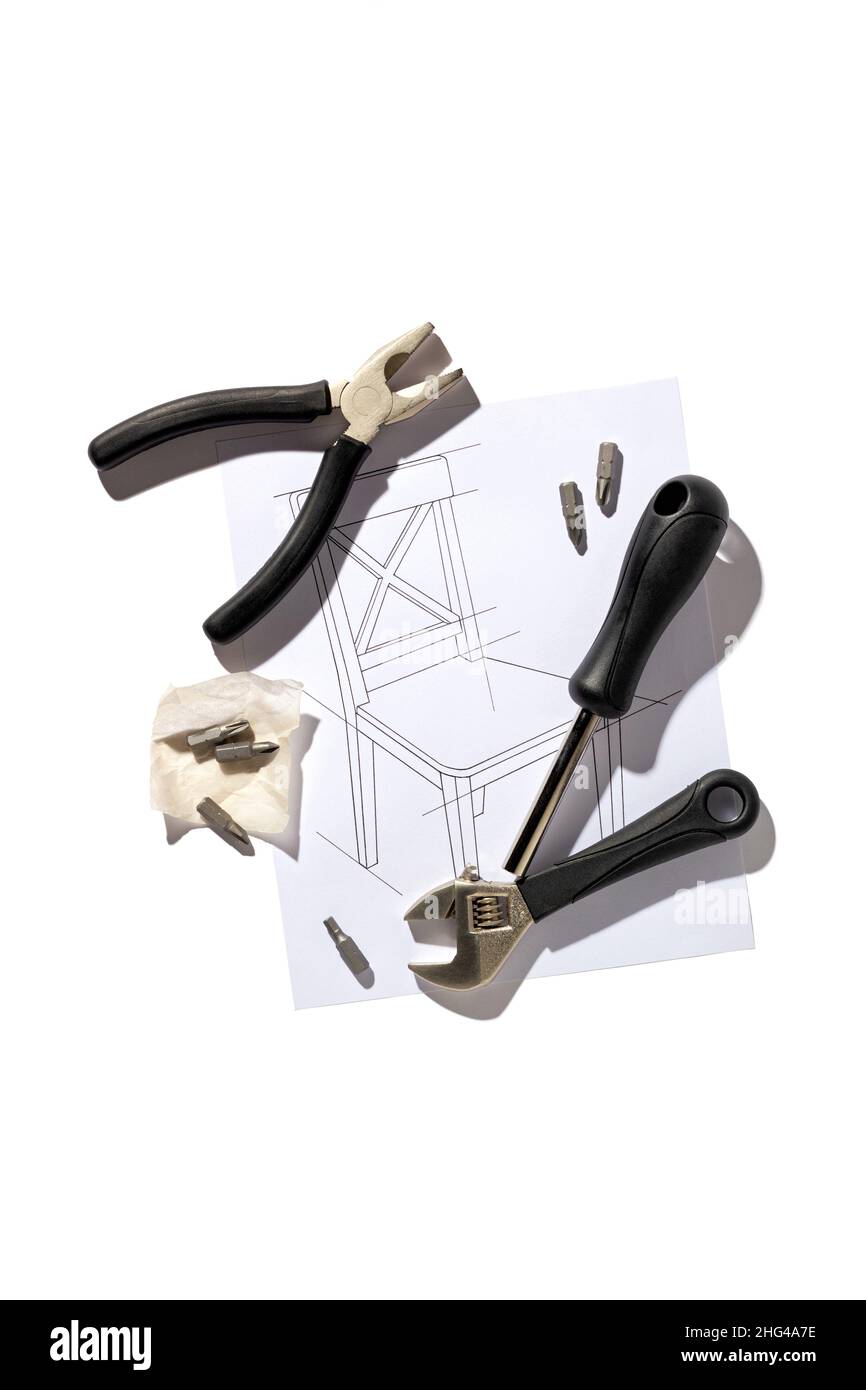Furniture hand industrial tools and chair assembly drawing isolated on ...