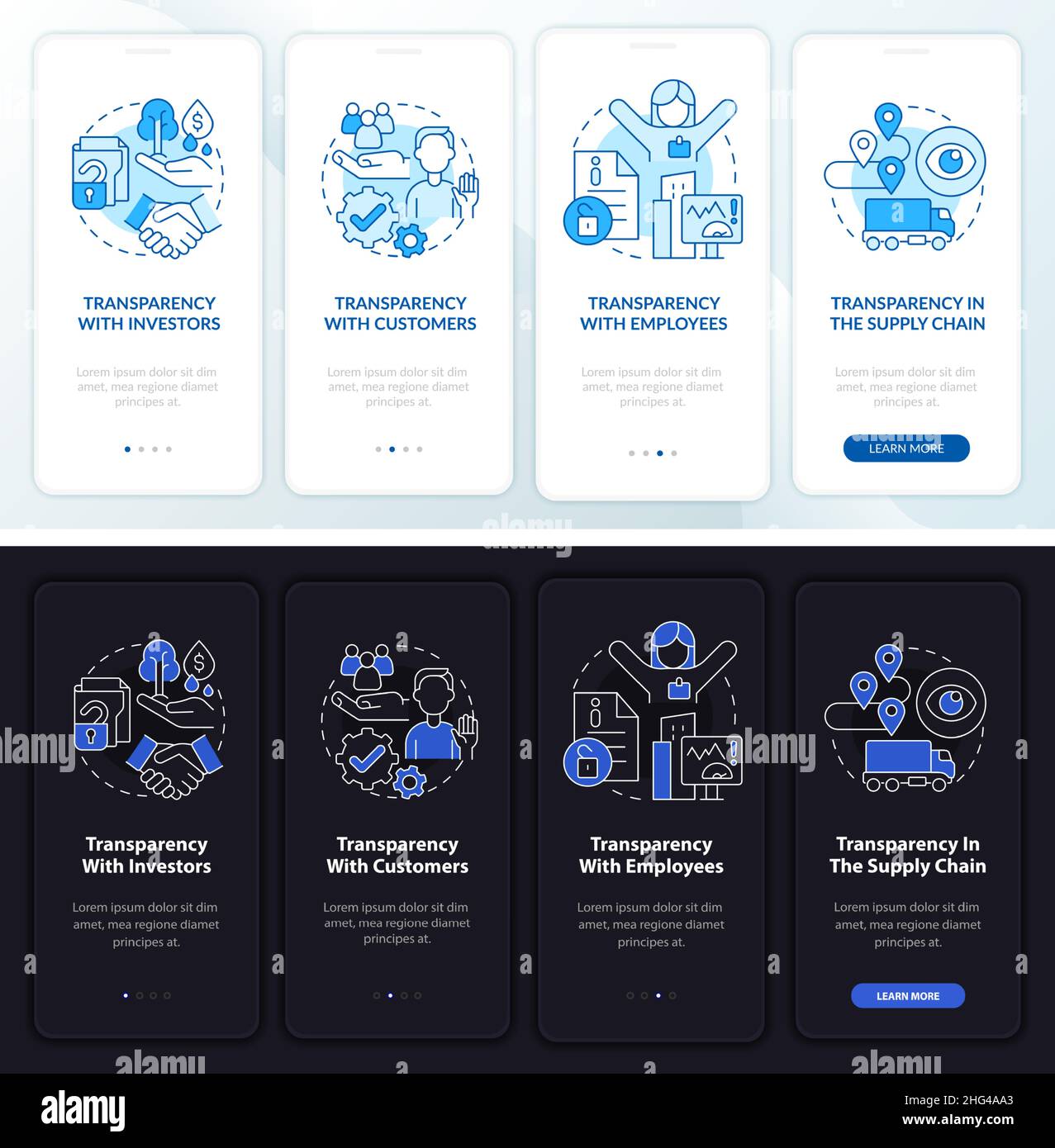 Transparency types night and day mode onboarding mobile app screen ...