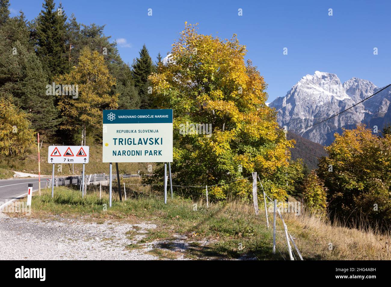 Traffic signs on the Predil Pass in the Triglav National Park in the ...