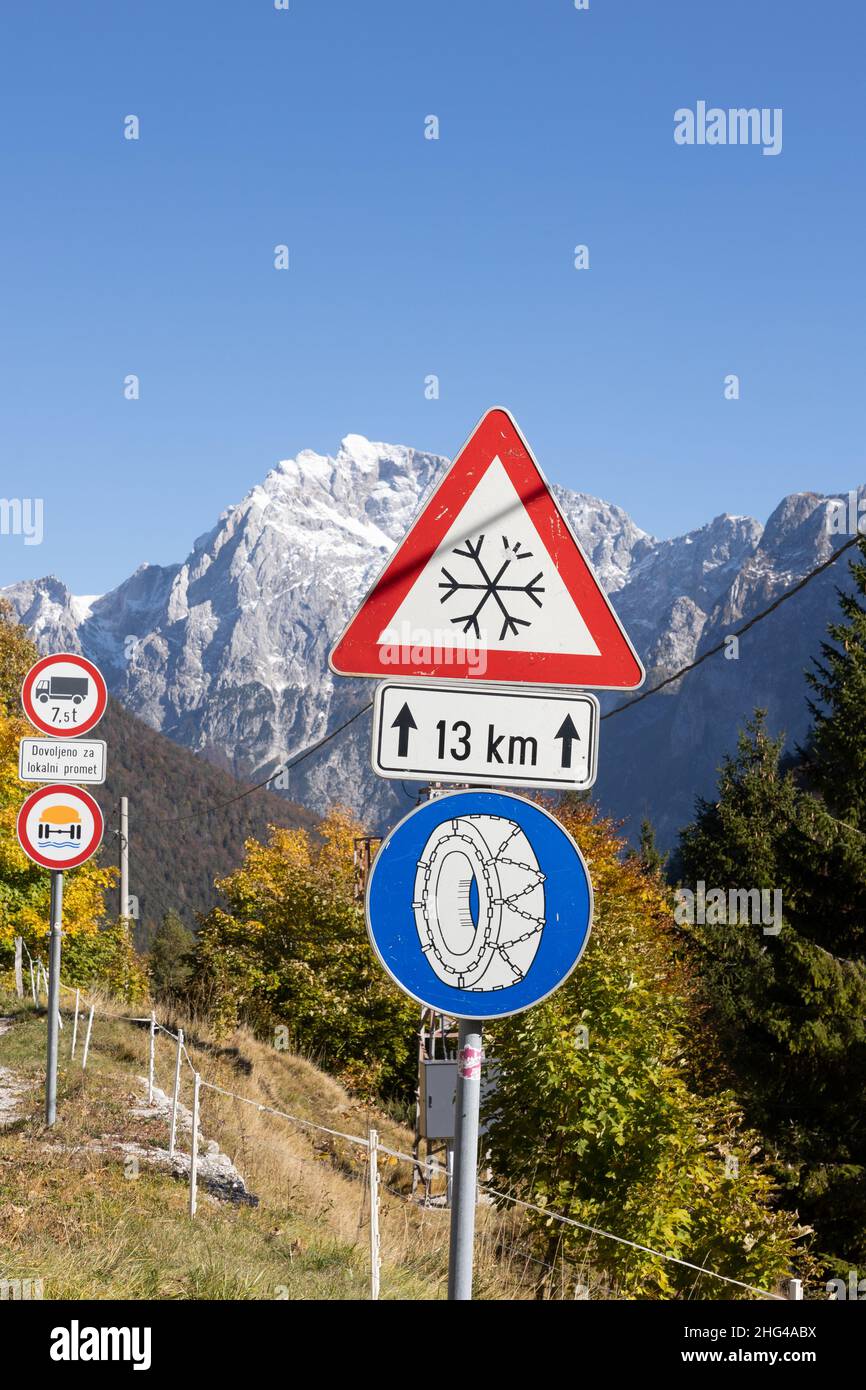 Traffic signs on the Predil Pass in the Triglav National Park in the ...