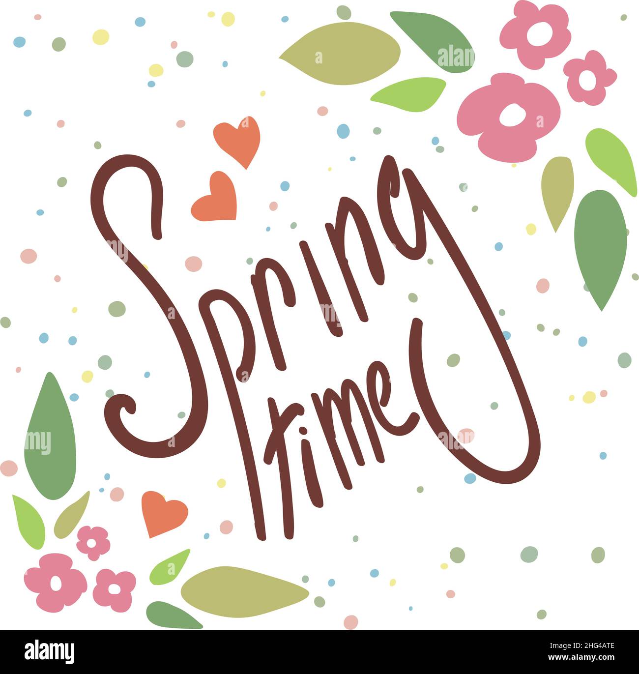 Floral frame with text. Spring time wording with hand drawn flowers ...