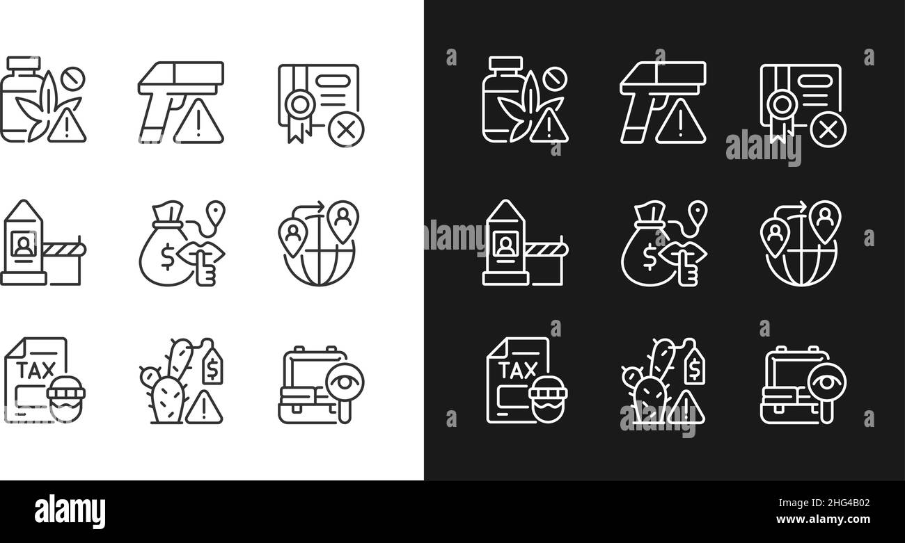 Illicit import and its prevention linear icons set for dark and light ...