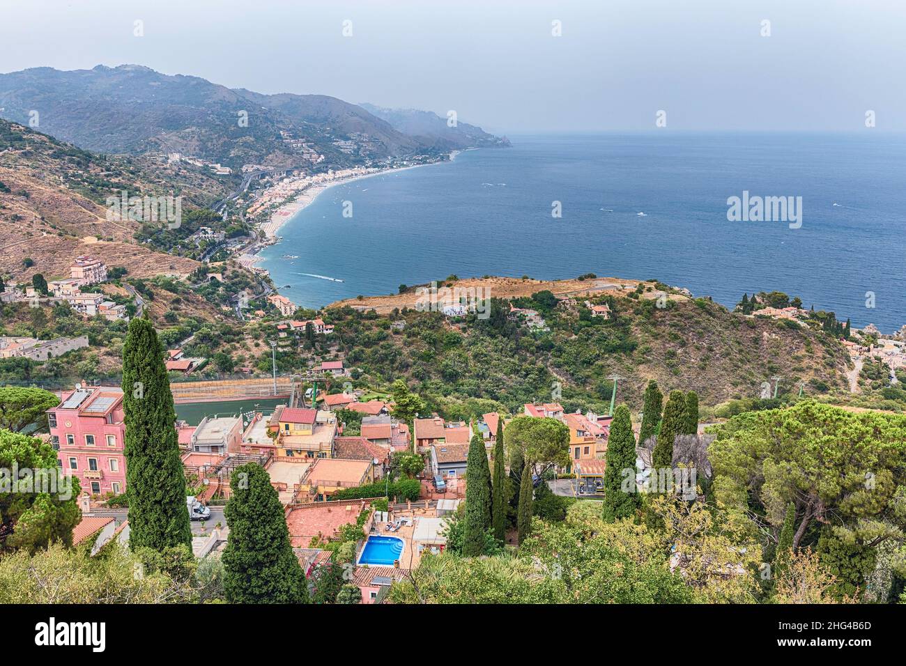 Aerial view of the beautiful coastline of Taormina, one of the most ...