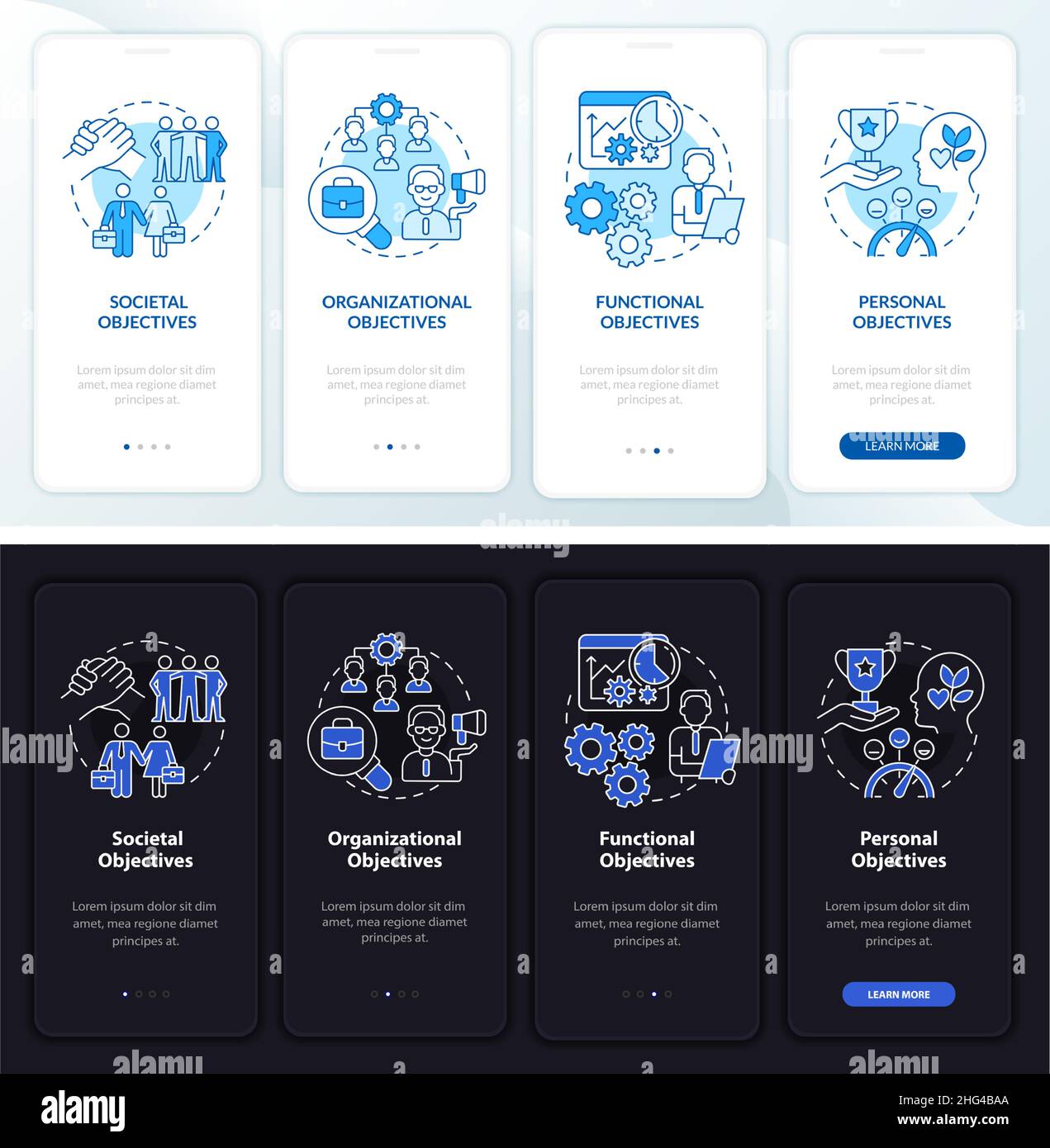 Objective of hr management night, day mode onboarding mobile app screen ...