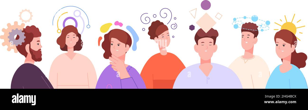 Human personality feelings. Brain imagination dream, people think ...