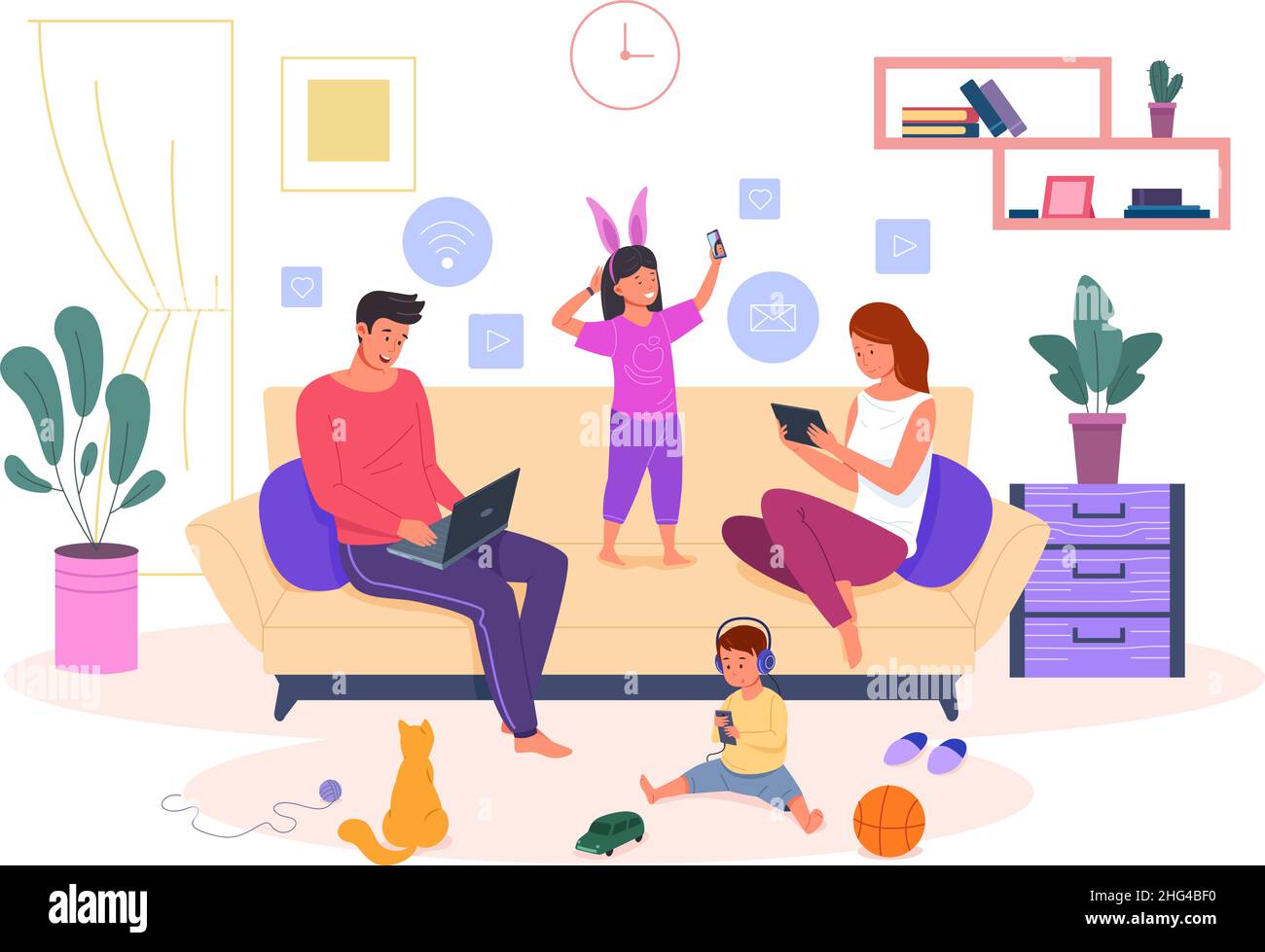 Family addiction to gadgets. Addicted people in social media cellphones ...