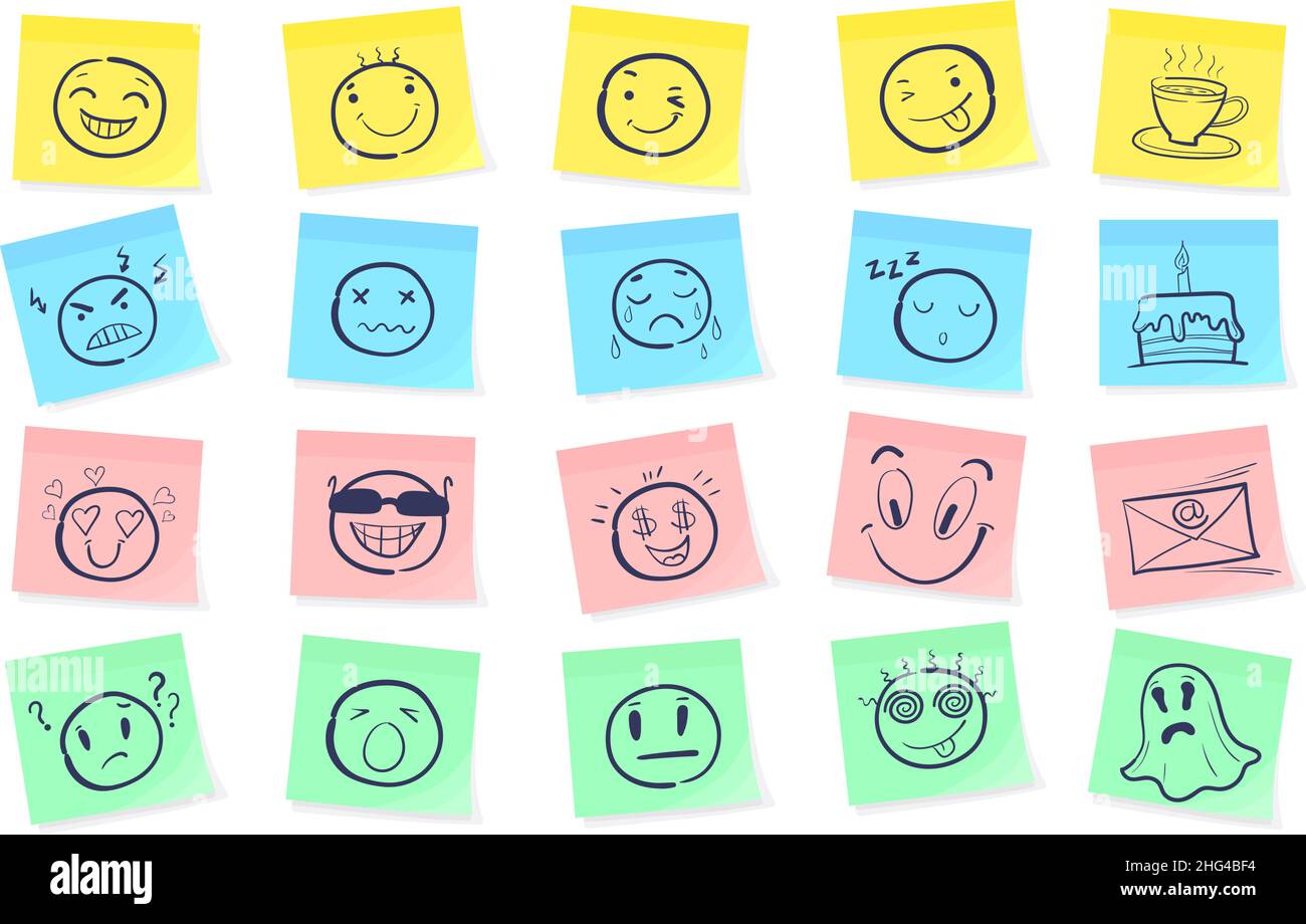 Sticky notes with smile. Emotion cards, sad or face on weekly paper ...