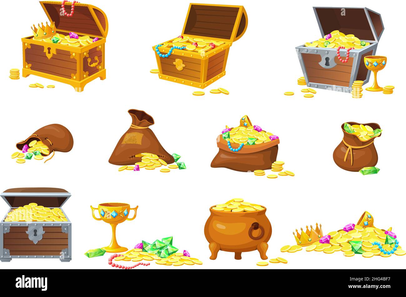 Pirate treasures. Chests and bags or sack treasure, treasur with jewel ...