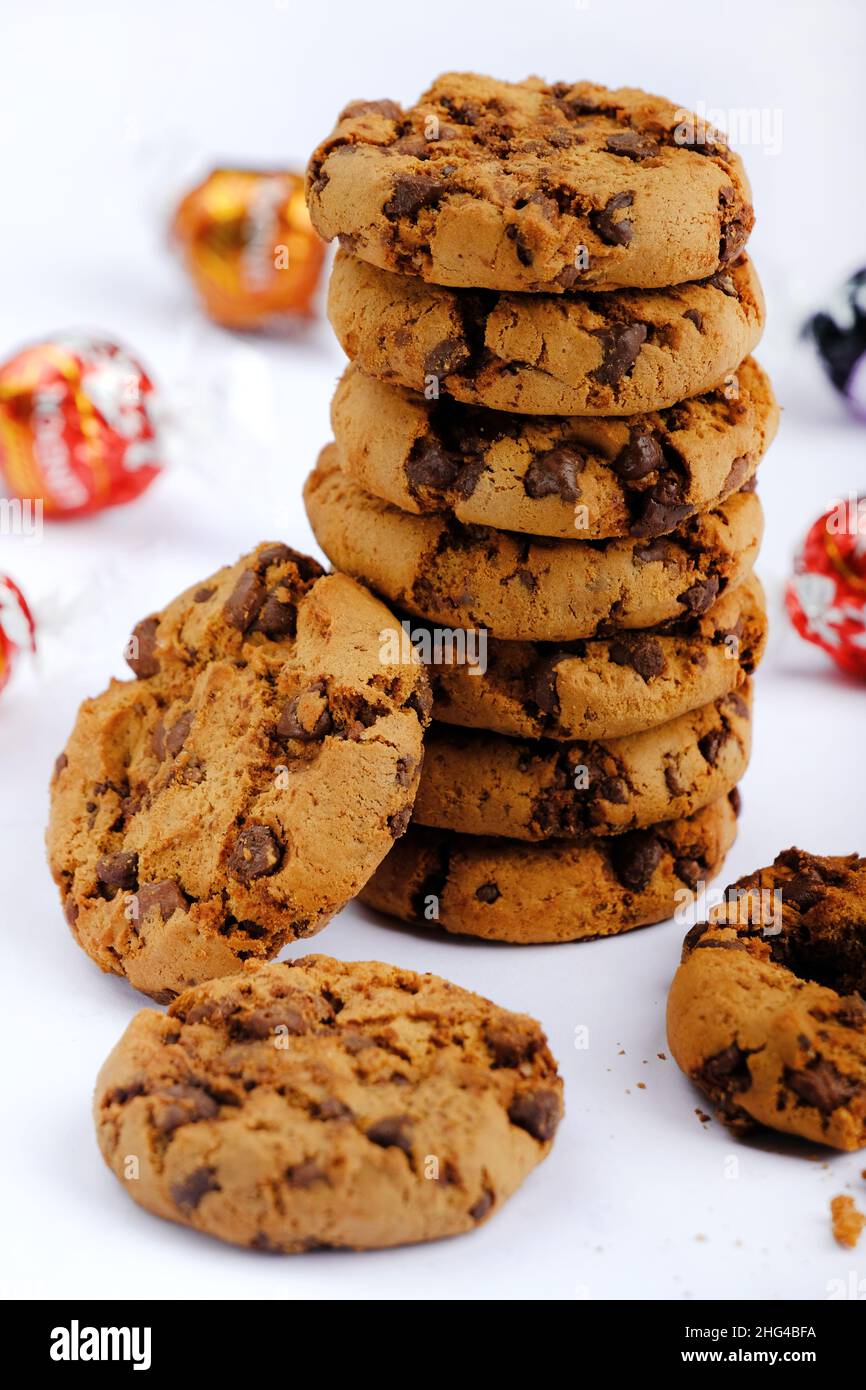 Chocolate cookies, Healthy Food Snack Concept. Baked Sweet Biscuits at ...