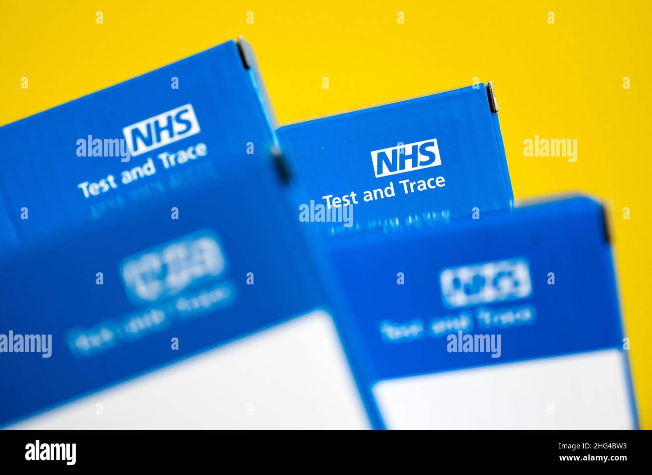 Boxes of NHS Covid-19 rapid antigen test (lateral flow self test) kits ...