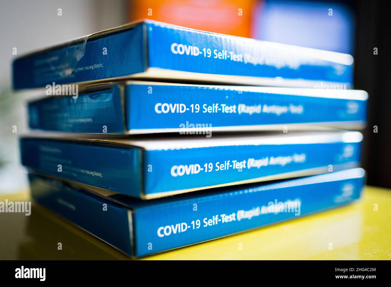 Boxes of NHS Covid-19 rapid antigen test (lateral flow self test) kits ...