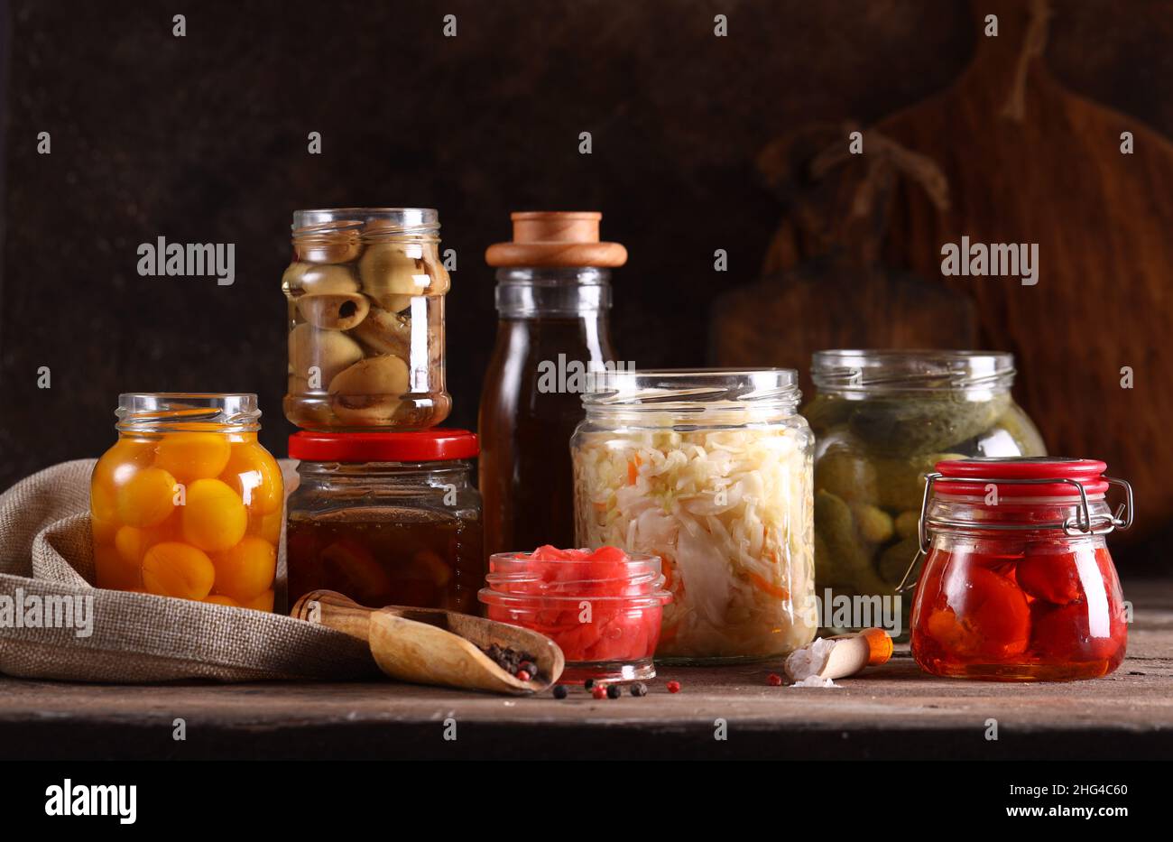 fermented vegetables in glass jars healthy food Stock Photo - Alamy