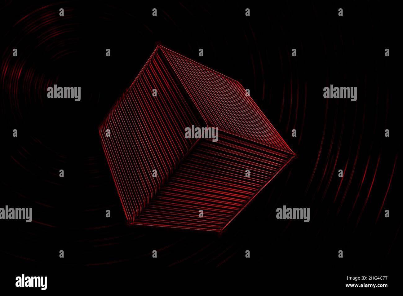 Bright red 3D cube with stripes on a black background with barely ...