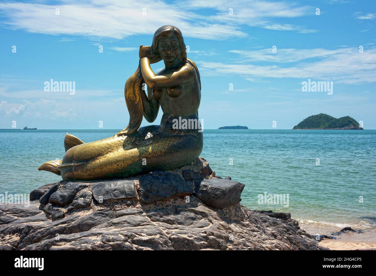 Songkhla, Thailand - July 23 2007: The golden mermaid statue at the ...