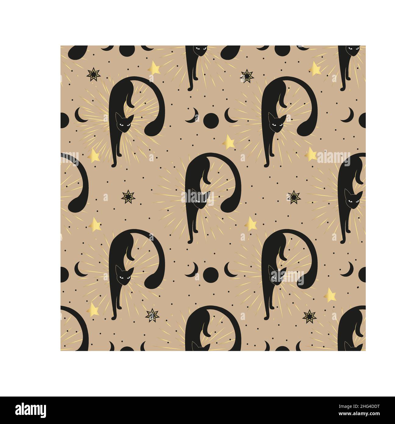 Vector magical seamless pattern with black cat, moon and stars. Vector ...
