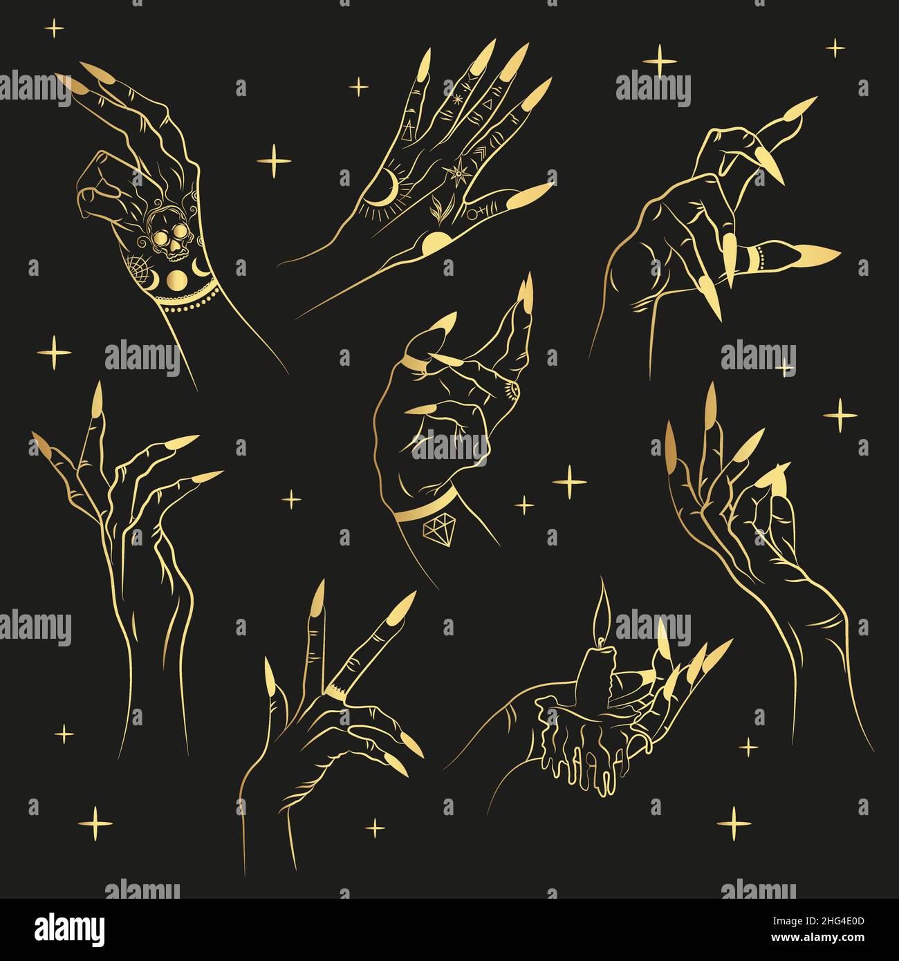 Hand drawn set of female witches with hands in different poses Stock ...