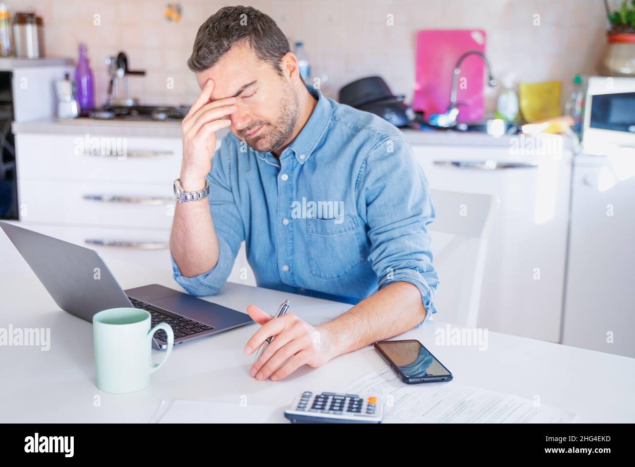 One Stressed Man Calculate Bills Worried About Bankruptcy Financial