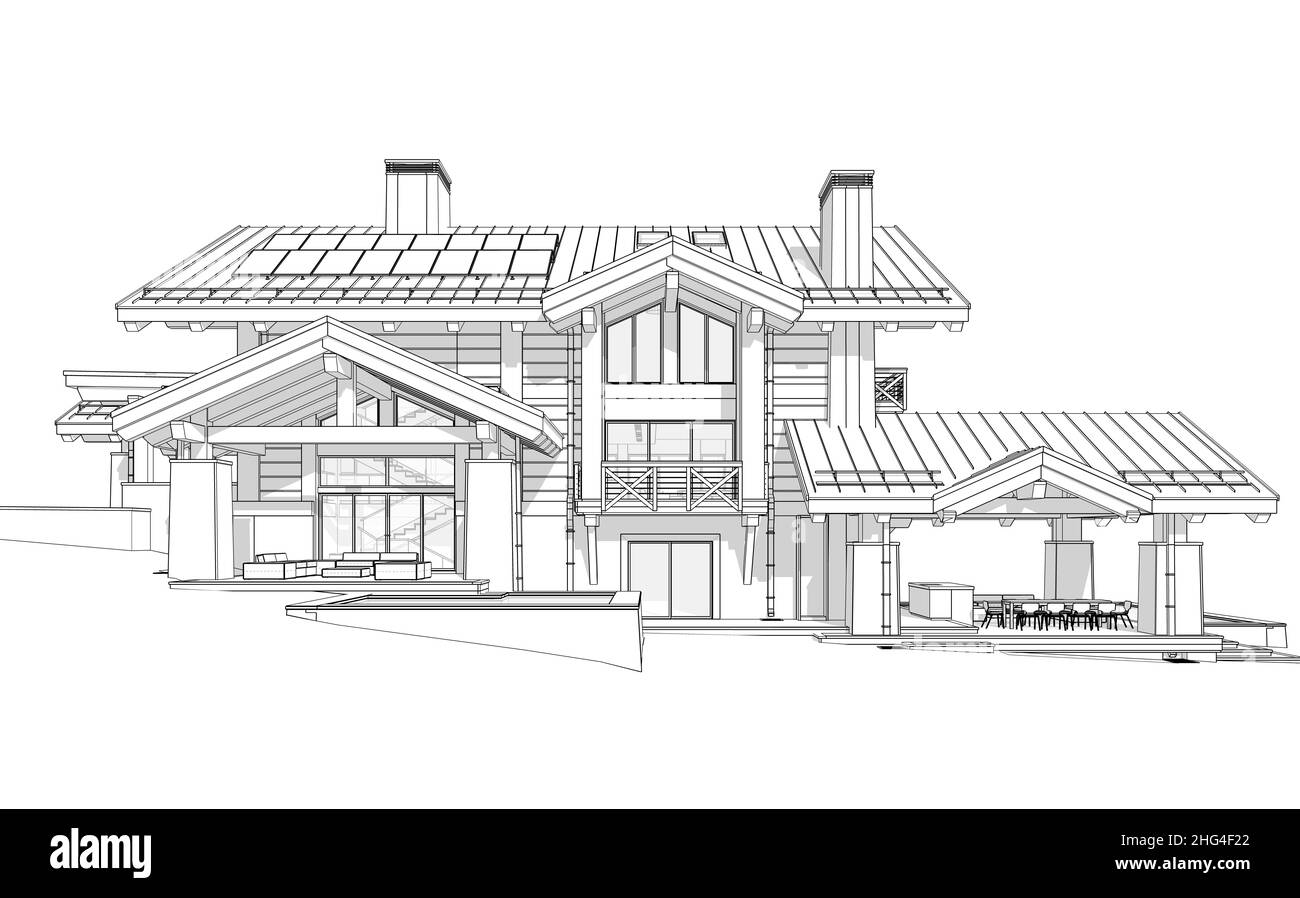 3d rendering of modern cozy chalet with pool and parking for sale or ...