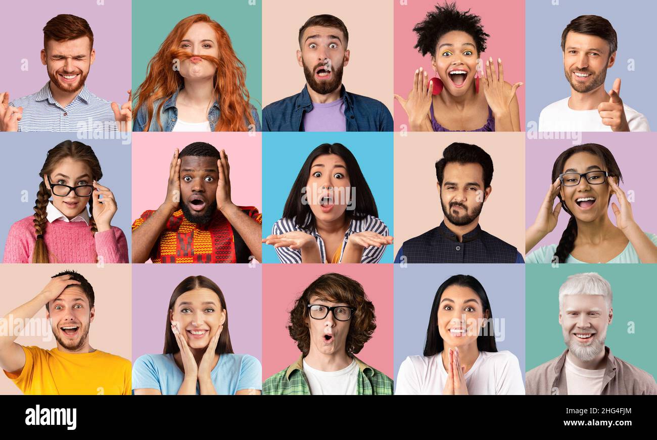 Collage of diverse people expressing different emotions on colorful ...