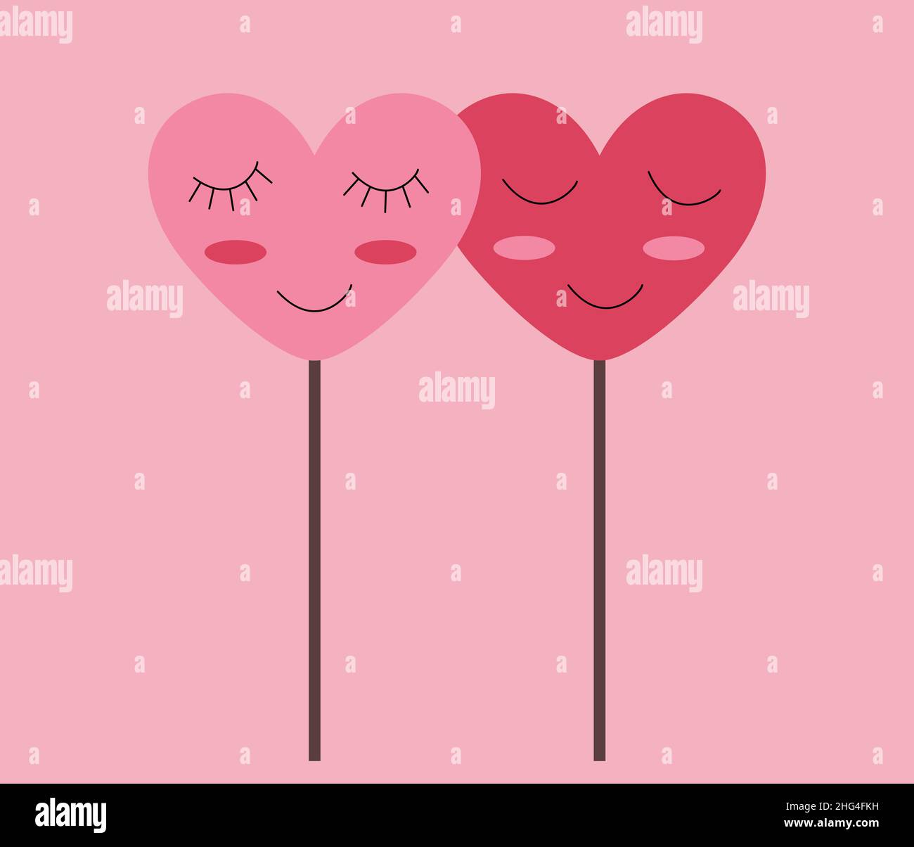 Happy Valentines day sign symbol. Two hearts on a stick with eyes and ...