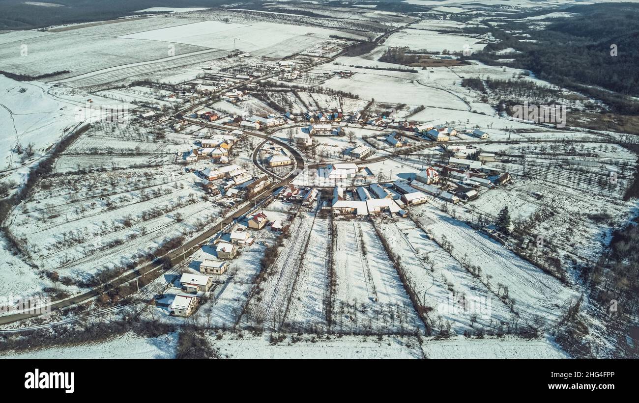 Aerial view of Charlottenburg during winter, the only circular village ...