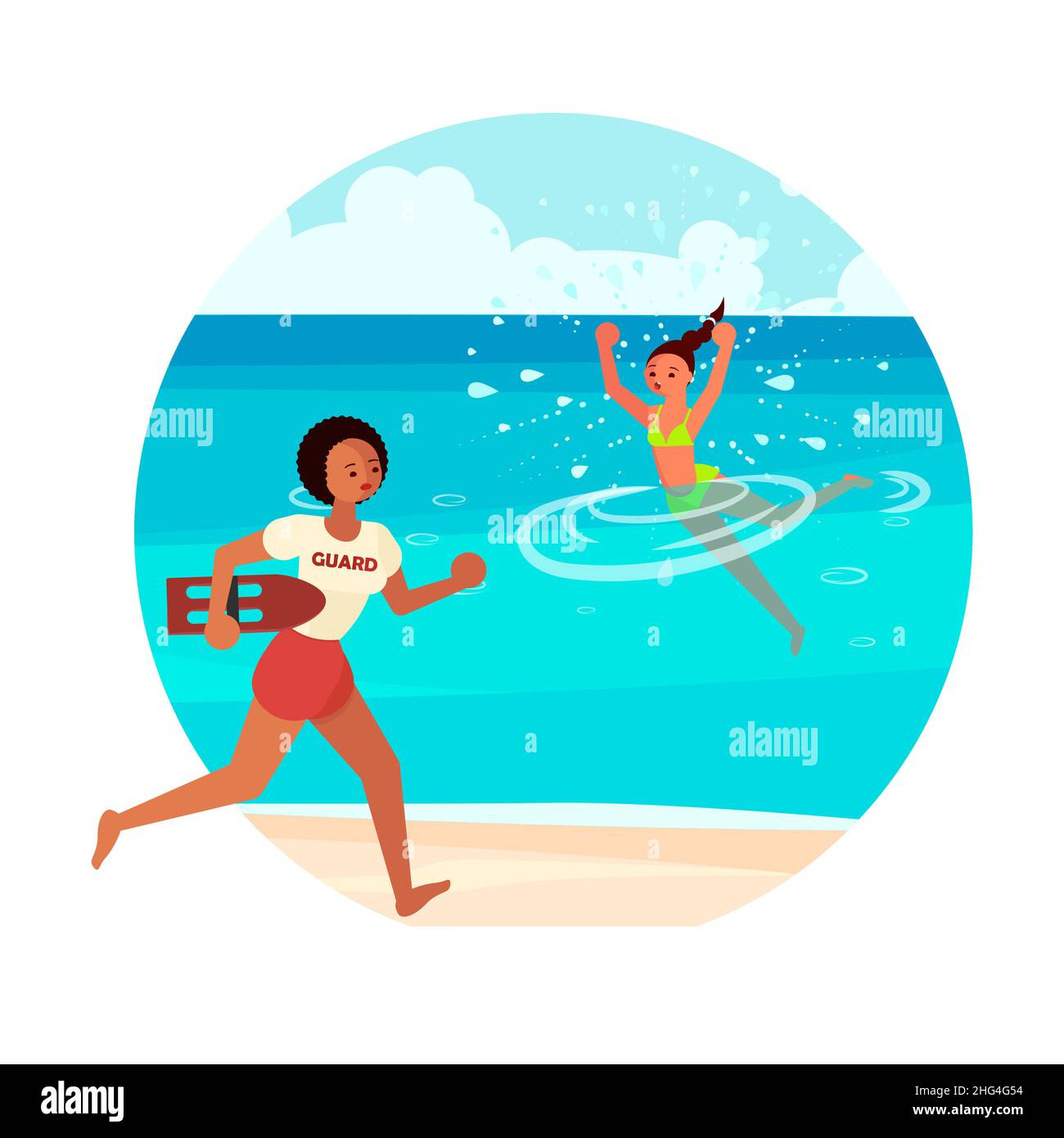 Round icon summer activity. Young woman drowns in the sea. Female ...